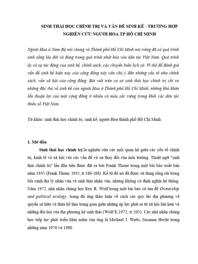 Đoàn Thị Cảnh SINH THÁI HỌC CHÍNH TRỊ VÀ VẤN ĐỀ SINH KẾ - TRƯỜNG HỢP NGHIÊN CỨU NGƯỜI HOA THÀNH ...
