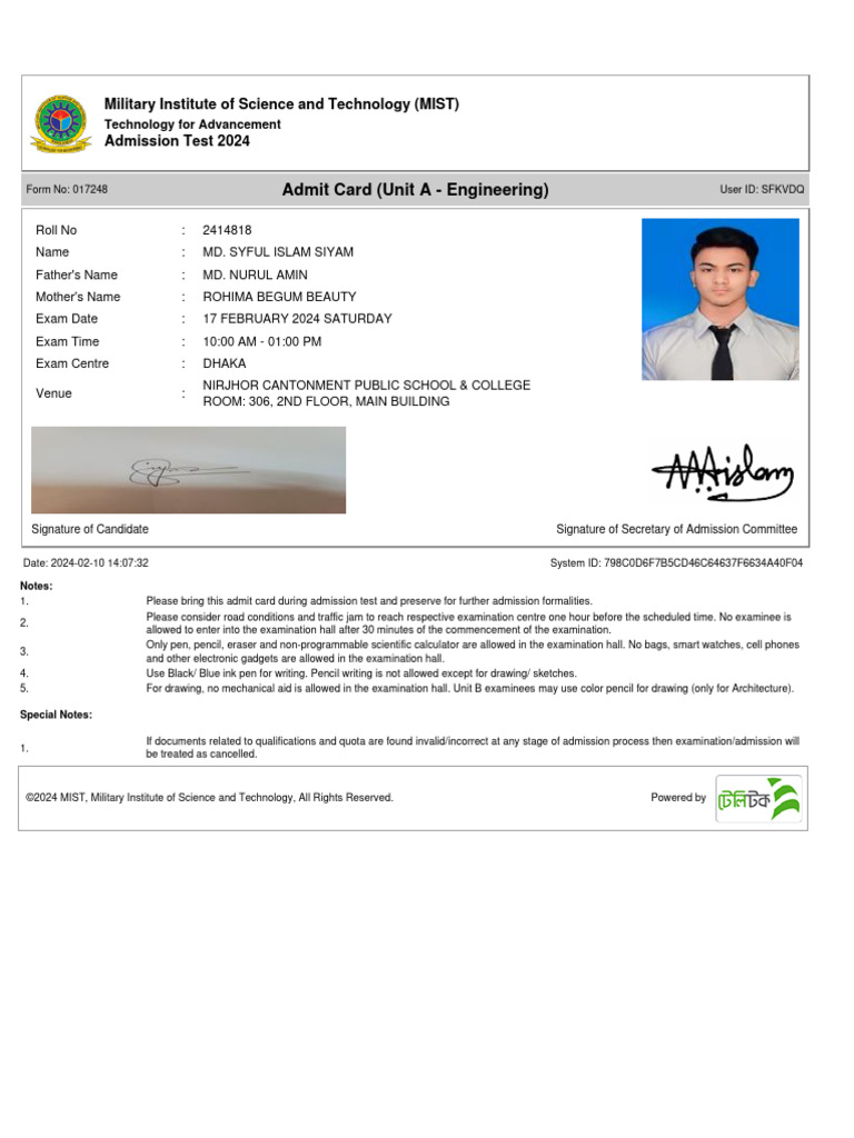 Mist Admitcard XXXX | PDF