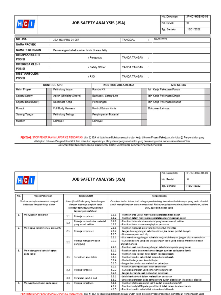 JSA-HCI-PRO-01-057 Pemasangan Kabel Untuk Sumber Listrik Di Jetty | PDF