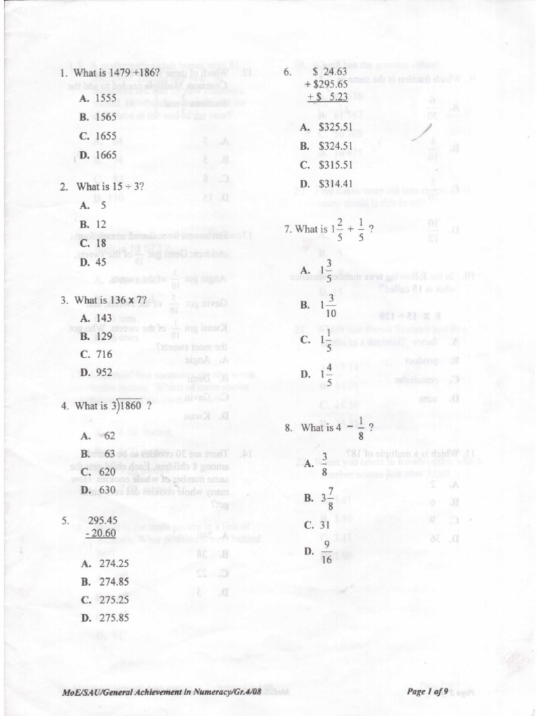 Grade 4 Numeracy Exam 2008 | PDF