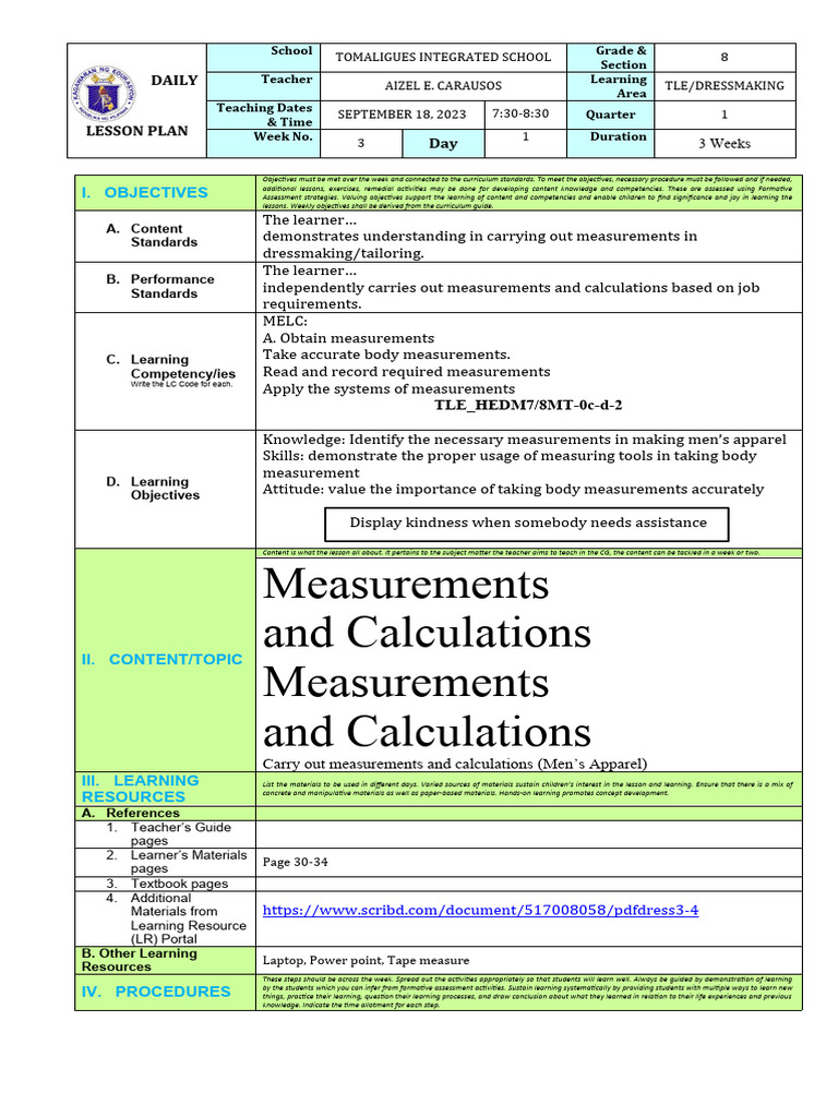 Grade 8 Dressmaking Lesson Plan | PDF | Learning | Educational Assessment