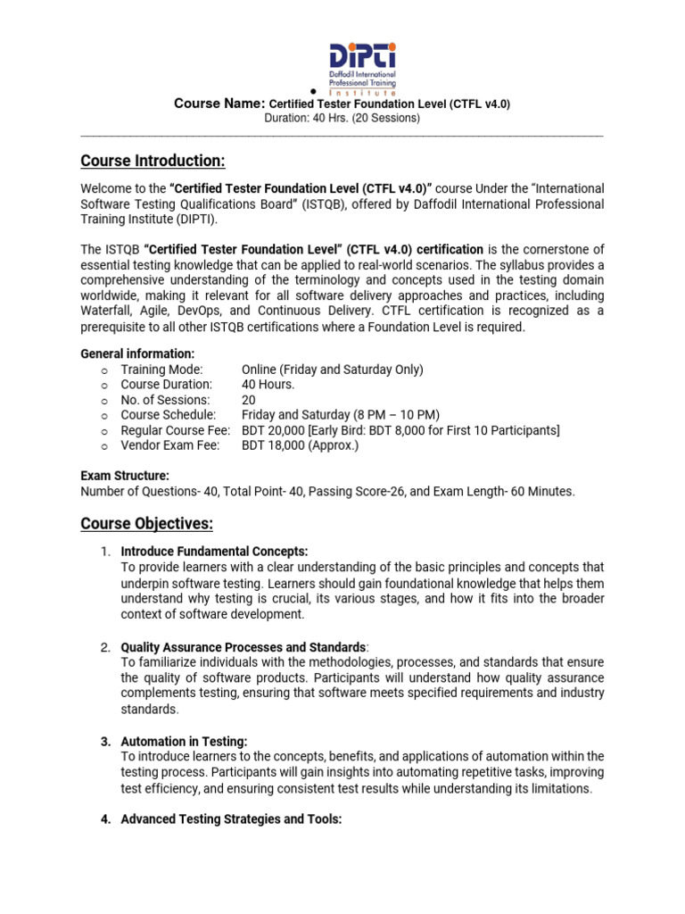 CTFL v4.0 Certification Course Overview | PDF | Software Testing ...