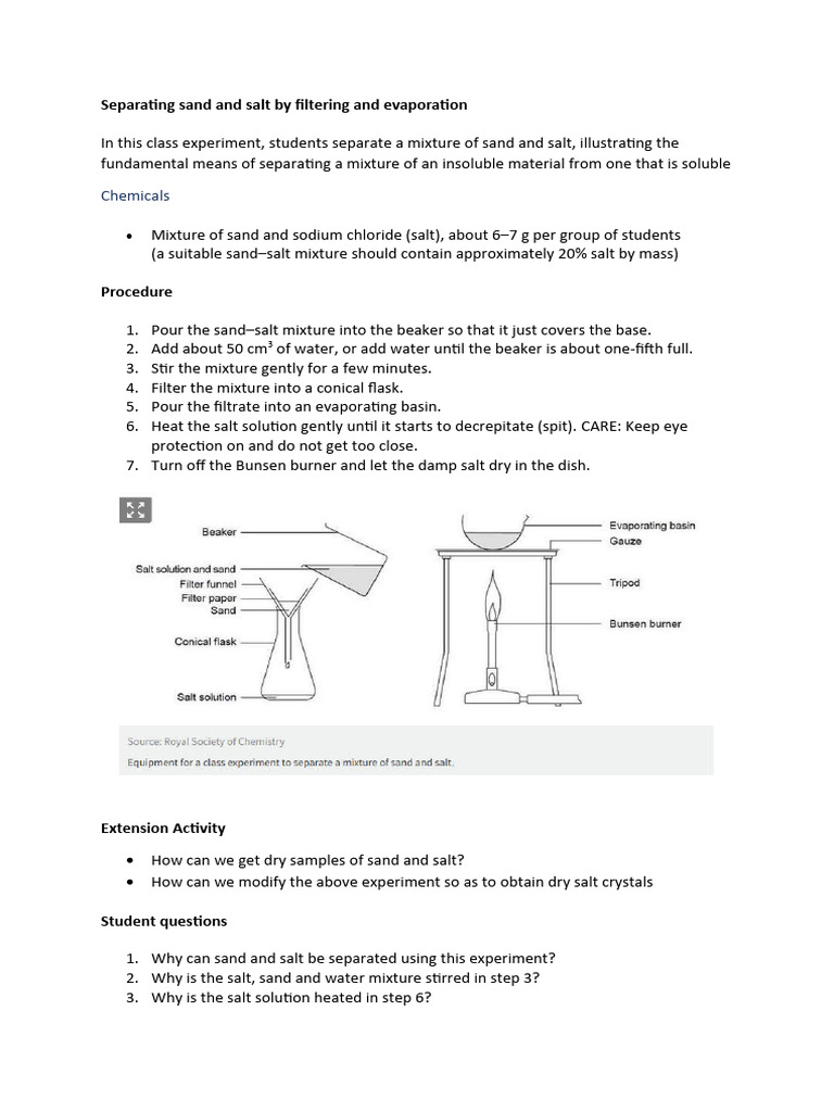 Separating Sand and Salt by Filtering and Evaporation | PDF