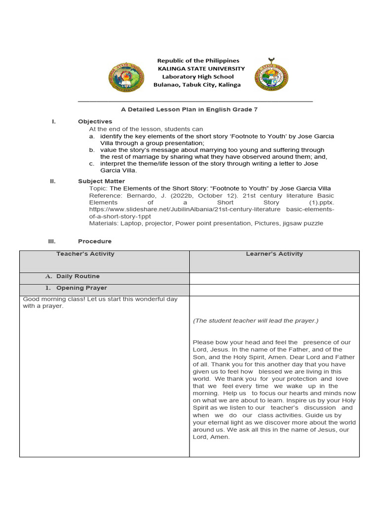 Grade 7 Appreciation LP - Footnote To Youth | PDF | Prayer