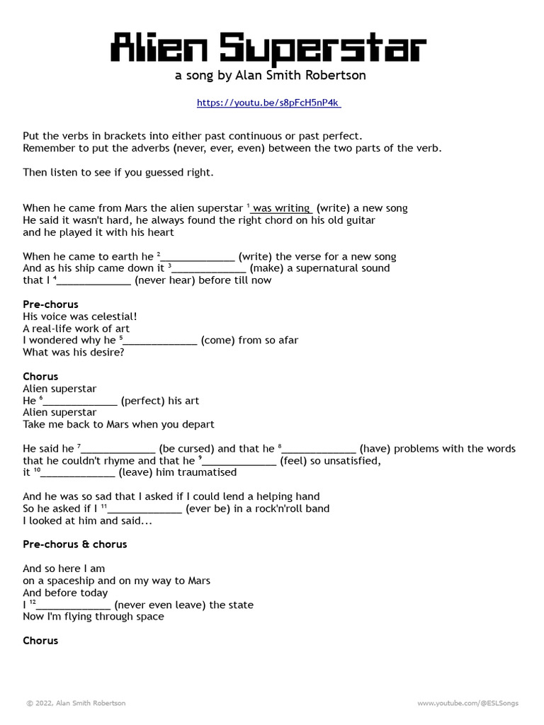 Alien Superstar Worksheet | PDF | Song Structure | Grammatical Tense