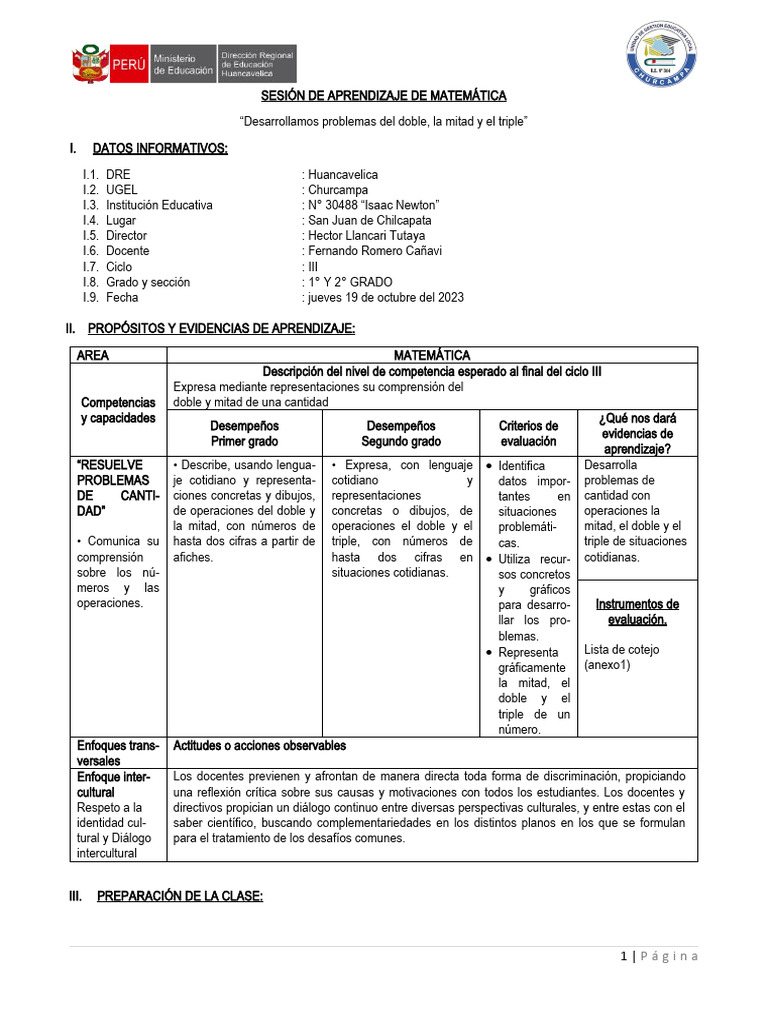 SESION DE APRENDIZAJE Doble Triple y La Mitad | PDF | Evaluación | Aprendizaje