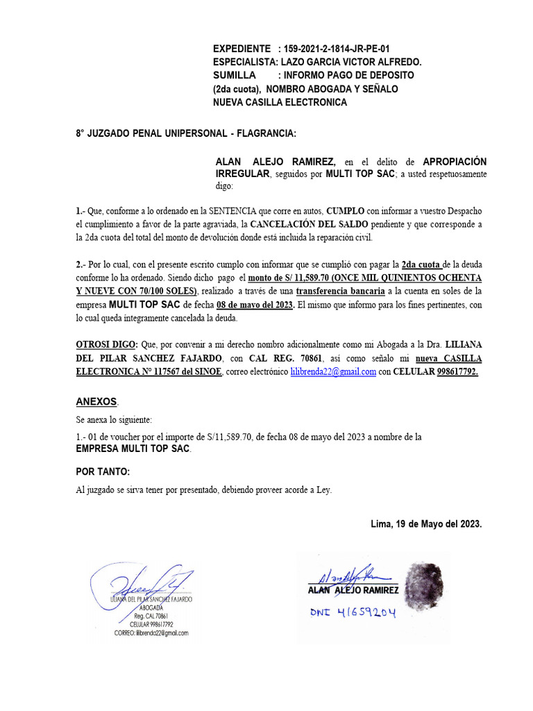 Informo Pago A Juzgado-Alan | PDF