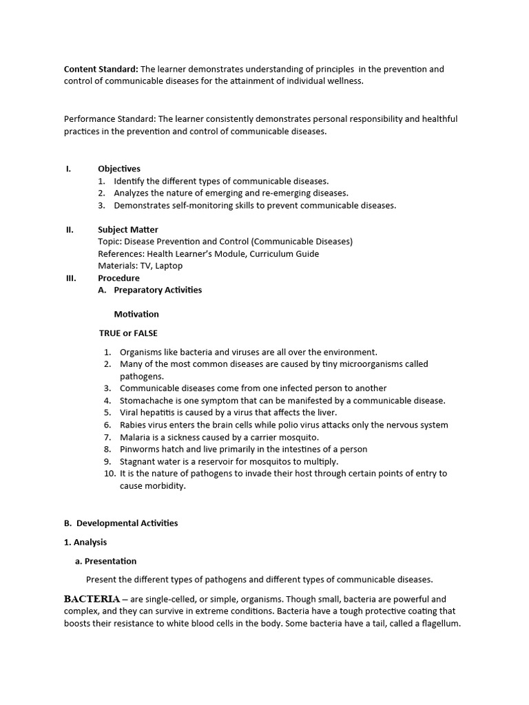 Health Lesson Plan - Communicable Disease | PDF | Infection | Parasitism