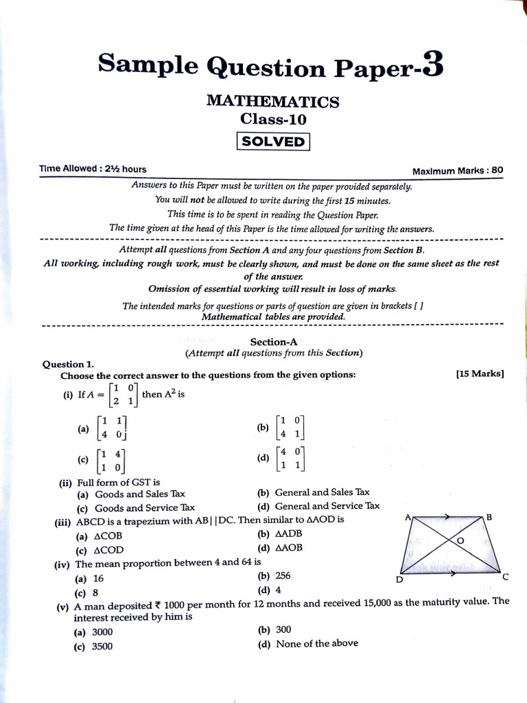 Sample Question Paper-3: Solved | PDF | Circle | Quadratic Equation