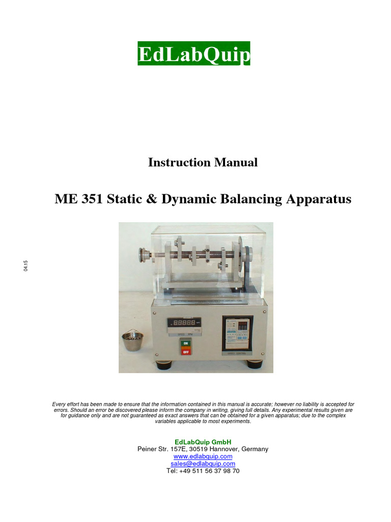 ME 351 Static and Dynamic Balancing Apparatus - EdLabQuip 15-04 (Repaired) | PDF | Safety ...