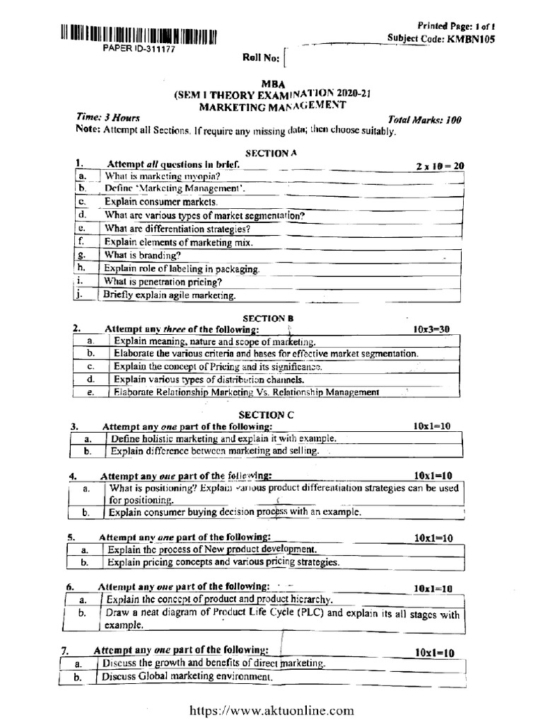 Mba 1 Sem Marketing ManagementMODEL PAPER Kmbn105 2024 | PDF