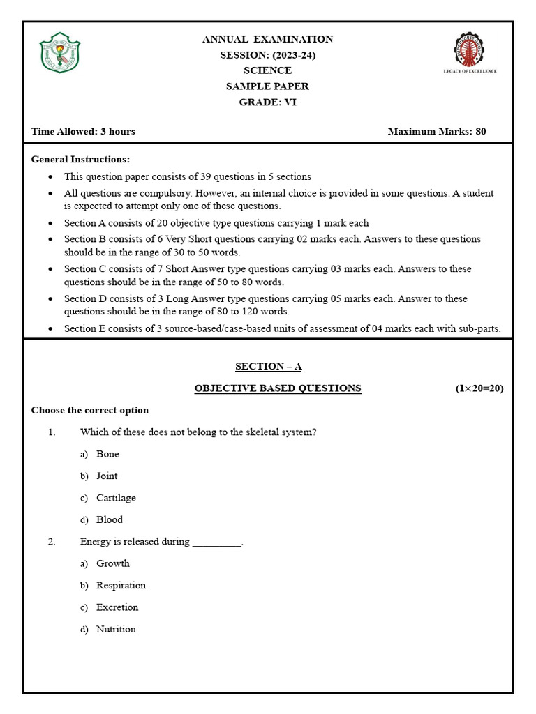 Class 6 Science Sample Paper 2023-24 | PDF | Magnet | Predation