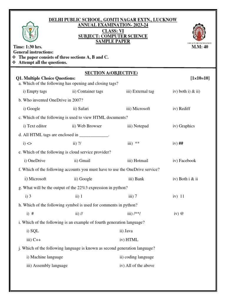 Class 6 Sample Paper II Annuals | Download Free PDF | Html Element | Html
