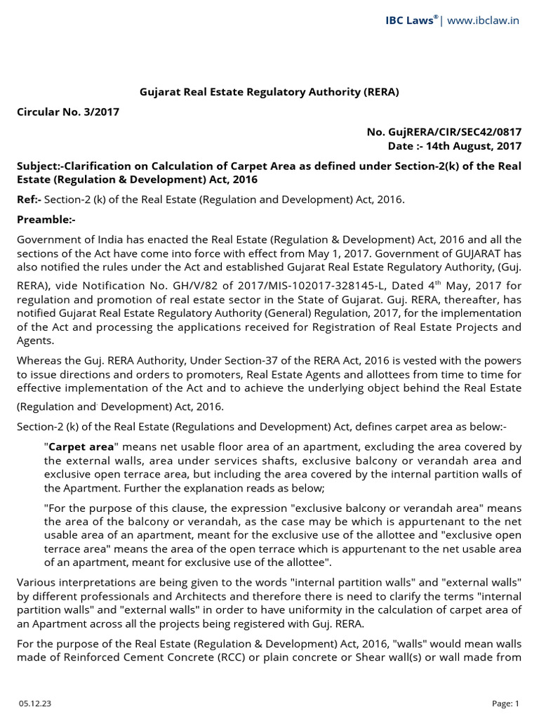 Clarification On Calculation of Carpet Area Gujarat Rera Circular No ...