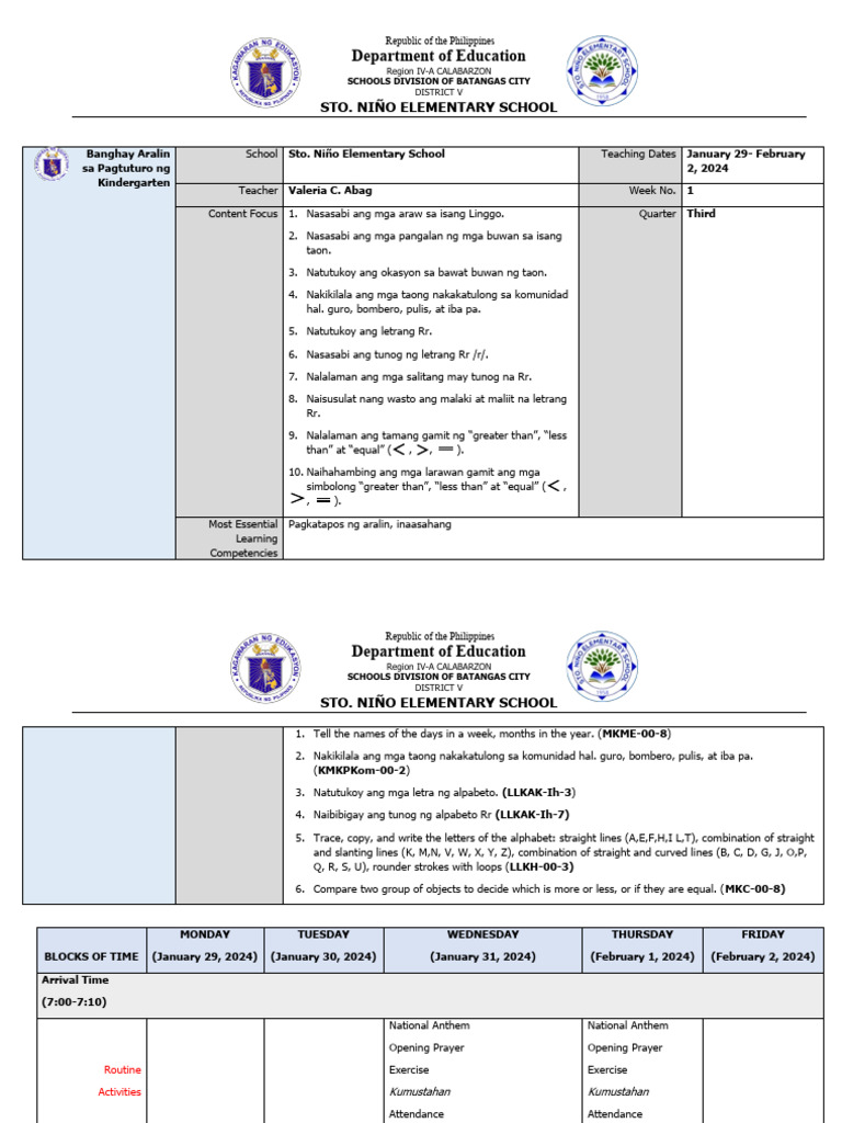 Kindergarten Lesson Plan: Week 1 Activities | PDF