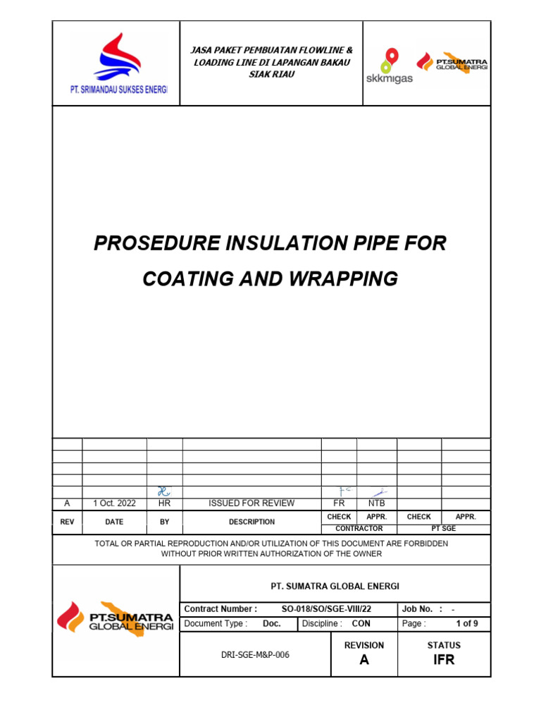 DRI-SGE-M&P-006 Procedure Insulation Pipe For Coating and Wrapping | PDF