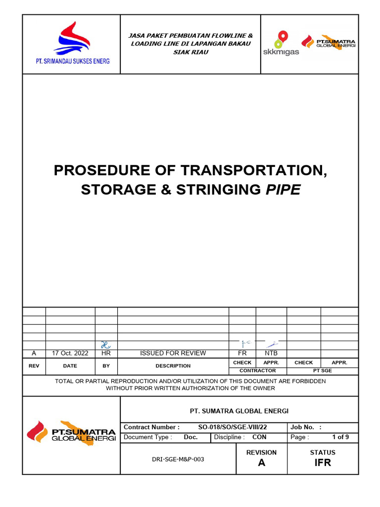 DRI-SGE-M&P-003 Procedure of Transportation, Storage & Stringging Pipe ...
