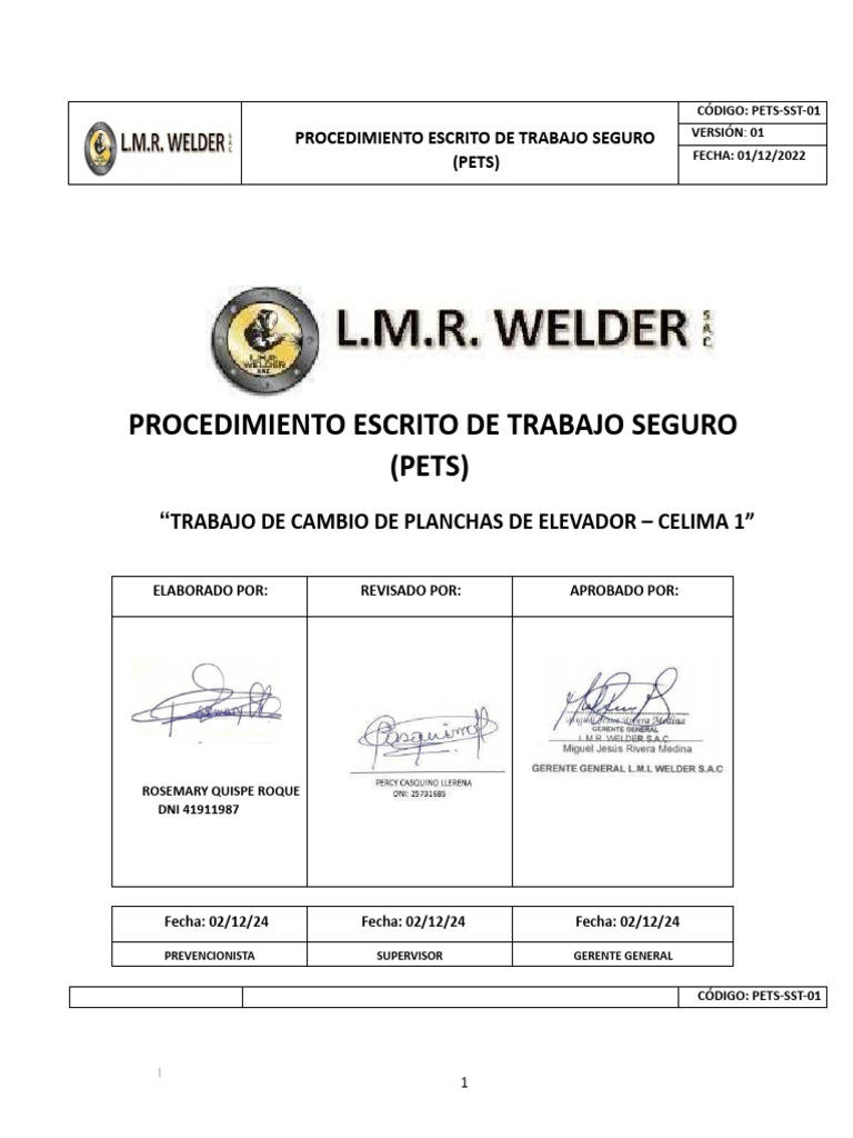 Pets Trabajo de Cambio de Planchas de Elevador | PDF | Soldadura | Construcción