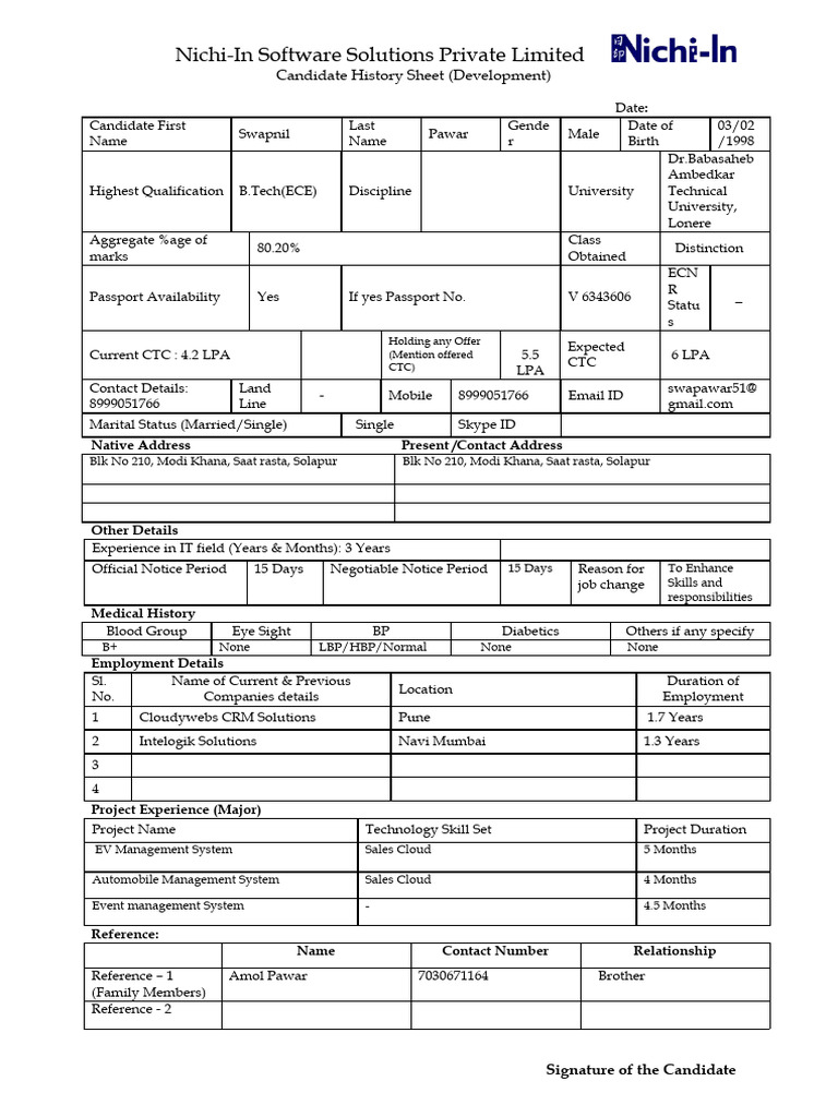 Candidate History Sheet for Swapnil Pawar | PDF