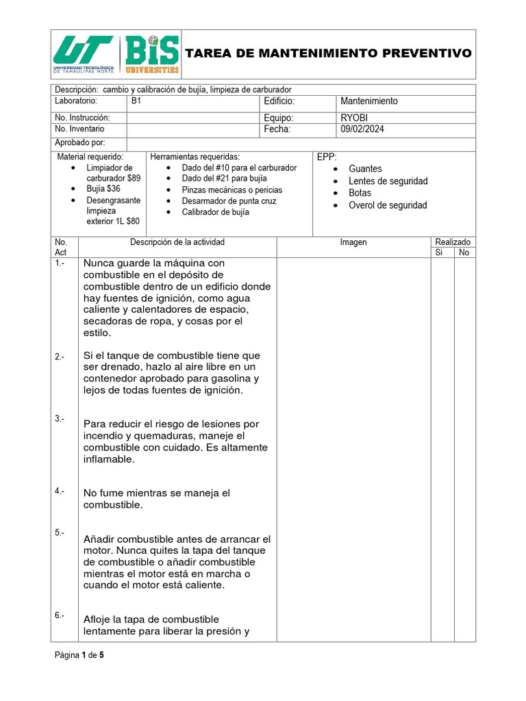 Formato de Tarea de Mtto | PDF | Carburador | Motores