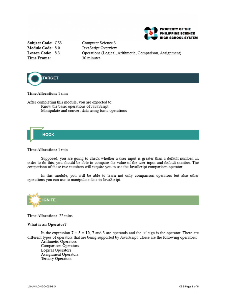SLG CS3 8.3 JavaSript Operations | PDF | Arithmetic | Computing