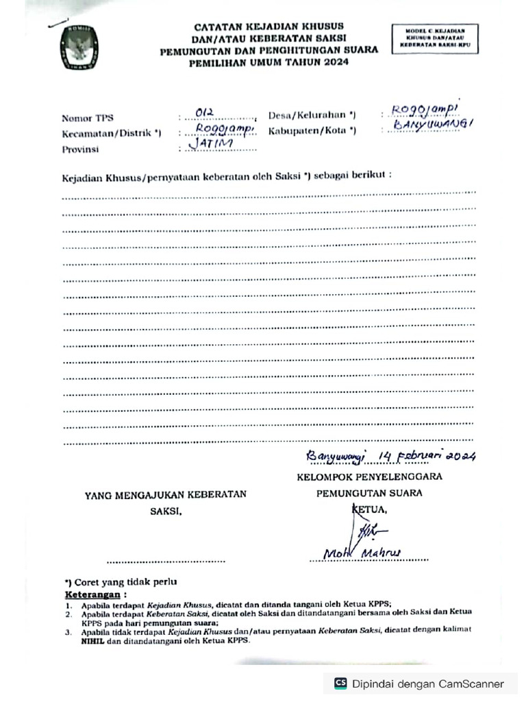 Form Catatan Khusus TPS 12 | PDF