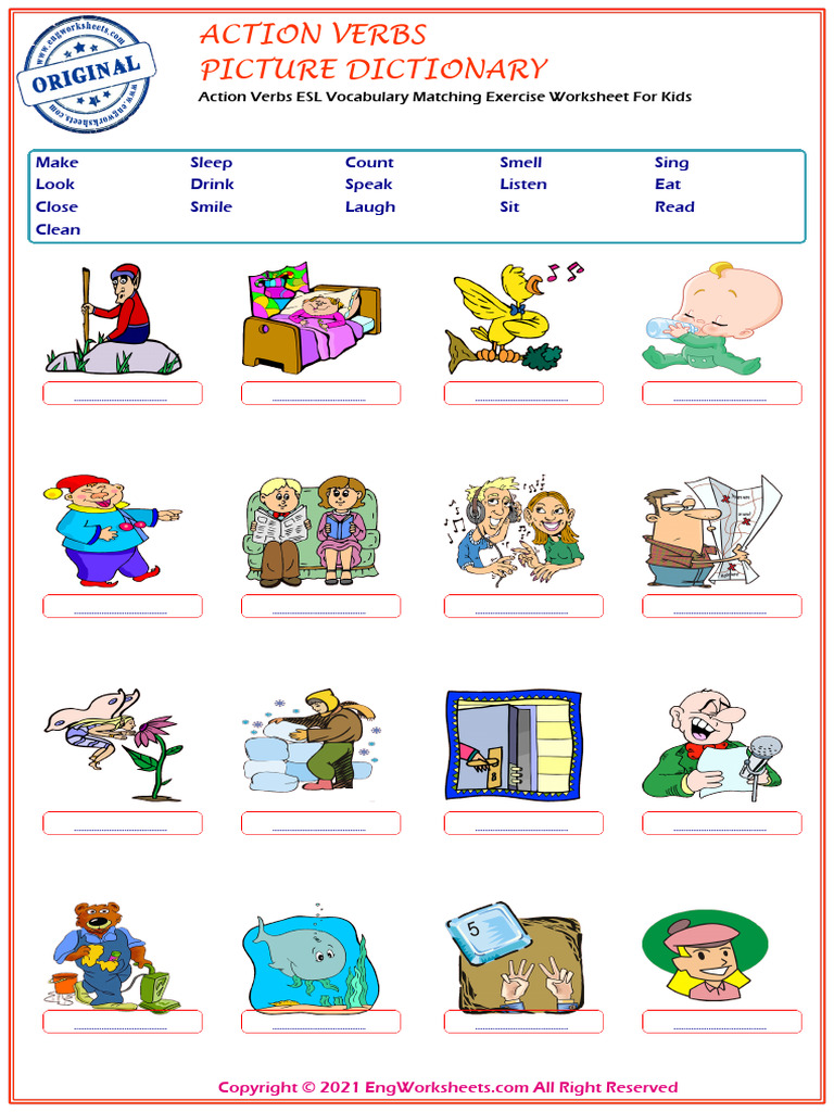 Action Verbs Esl Vocabulary Matching Exercise Worksheet For Kids 3912 ...