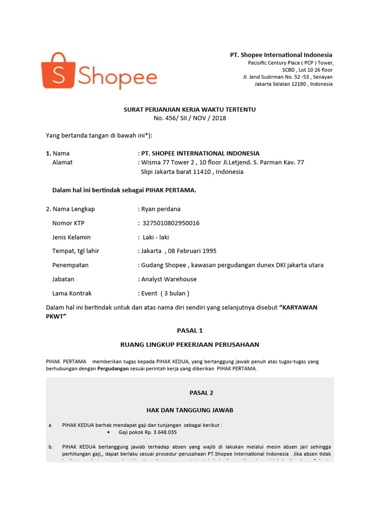 Kontrak Kerja Karyawan Shopee | PDF