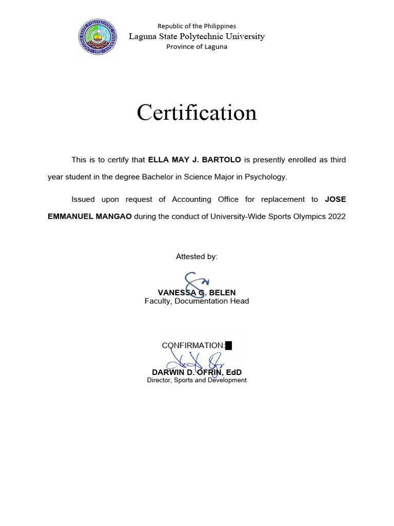 Certification of Replacement | PDF