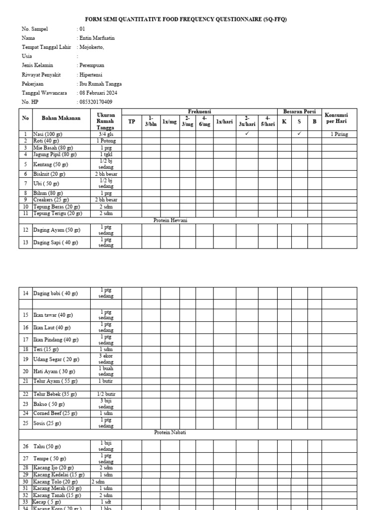 Form Semi Quantitative Food Frequency Questionnaire | PDF