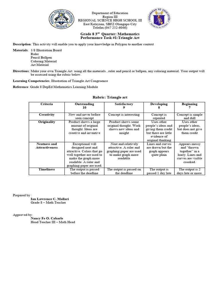Grade 8 Triangle Art Performance Task | PDF | Science | Learning