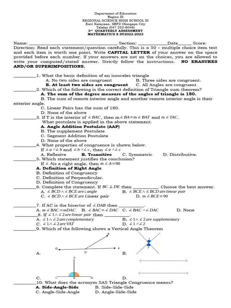Grade 8 2nd Periodical Exam Sy 2022 2023 For RS Answer Key | PDF | Euclid | Elementary Mathematics