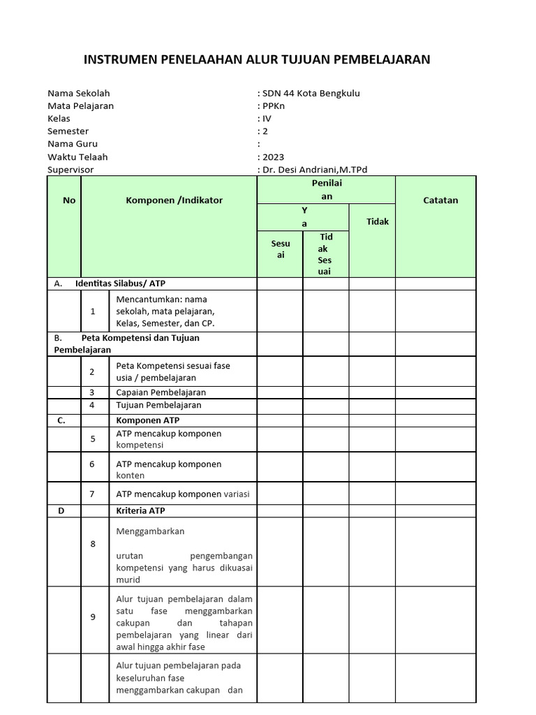 Instrumen Penelaahan Alur Tujuan Pembelajaran | PDF