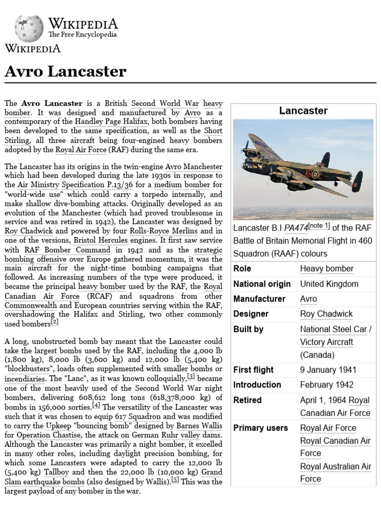 Avro Lancaster - Wikipedia | PDF | Gun Turret | Aerial Bombing