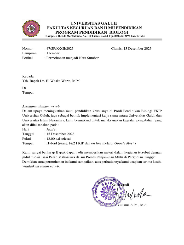 Contoh Surat Permohonan Narasumber | PDF