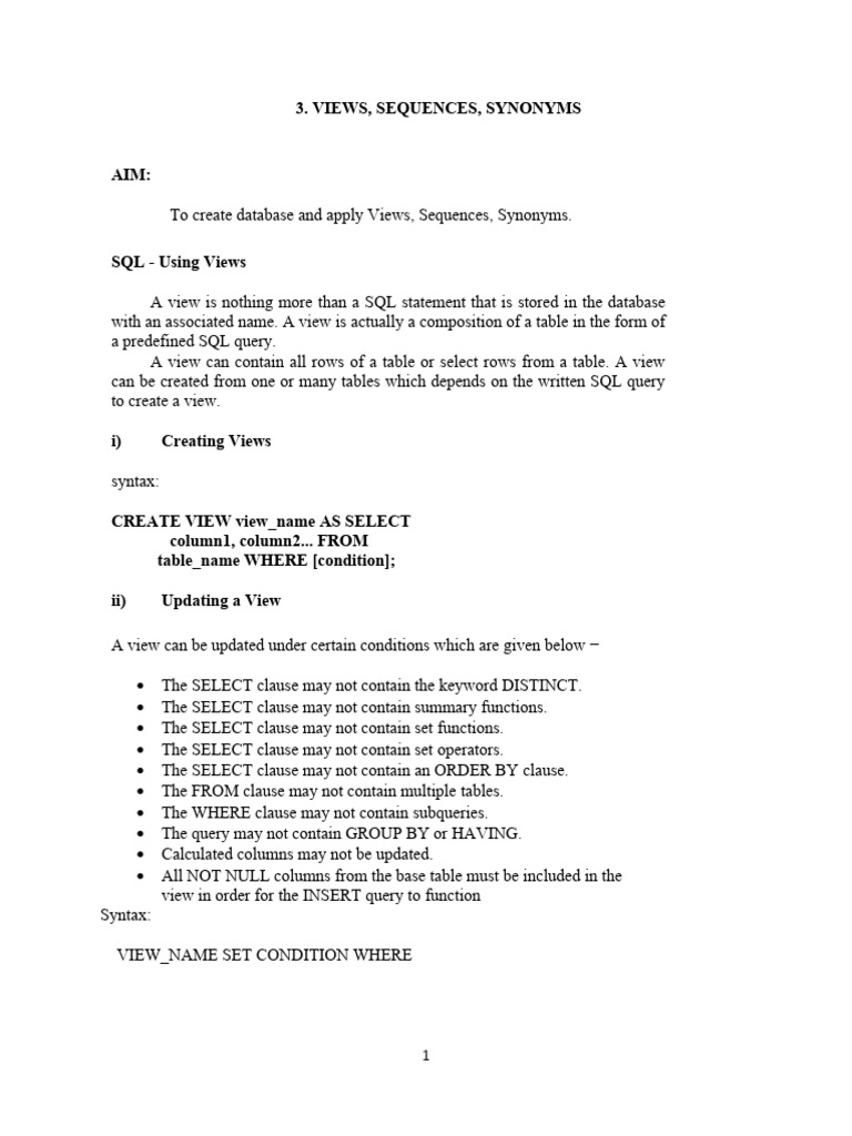 SQL Views, Sequences, and Synonyms Guide | PDF | Software Engineering ...
