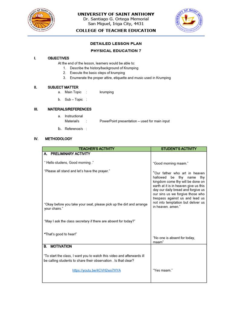 Detailed Lesson Plan 1 | PDF | Dances | Lord's Prayer