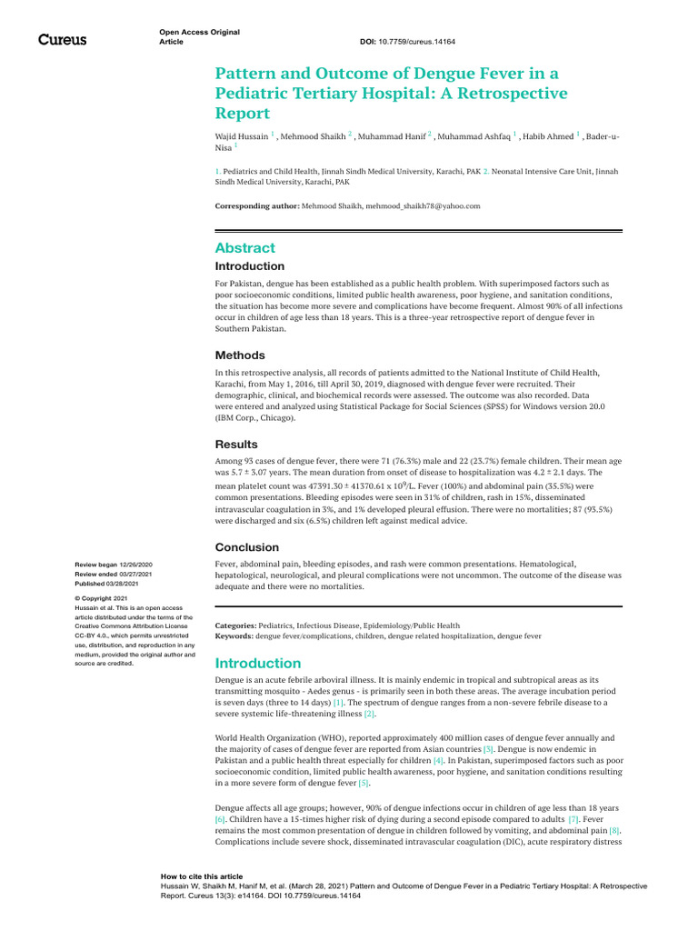 Pattern and Outcome of Dengue Fever in A | PDF | Bleeding | Clinical ...