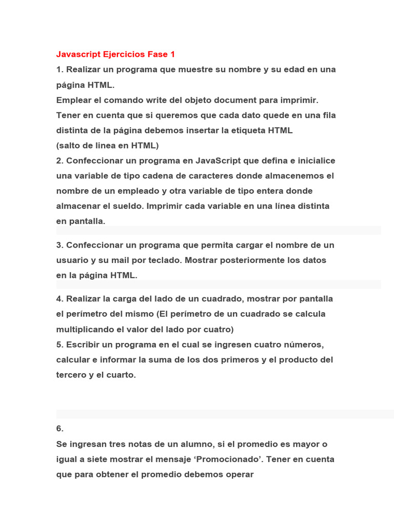 Ejercicios Javascript 1fase - Enunciado-1 | PDF