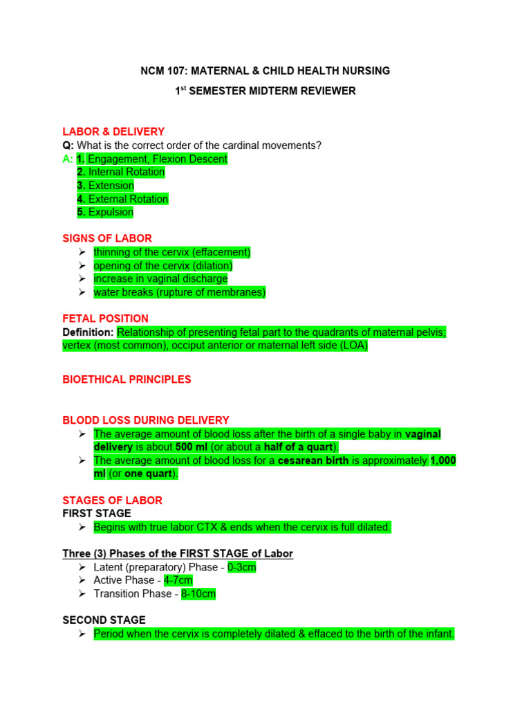 NCM 107 - MATERNAL & CHILD HEALTH NURSING 1st SEMESTER MIDTERM REVIEWER ...
