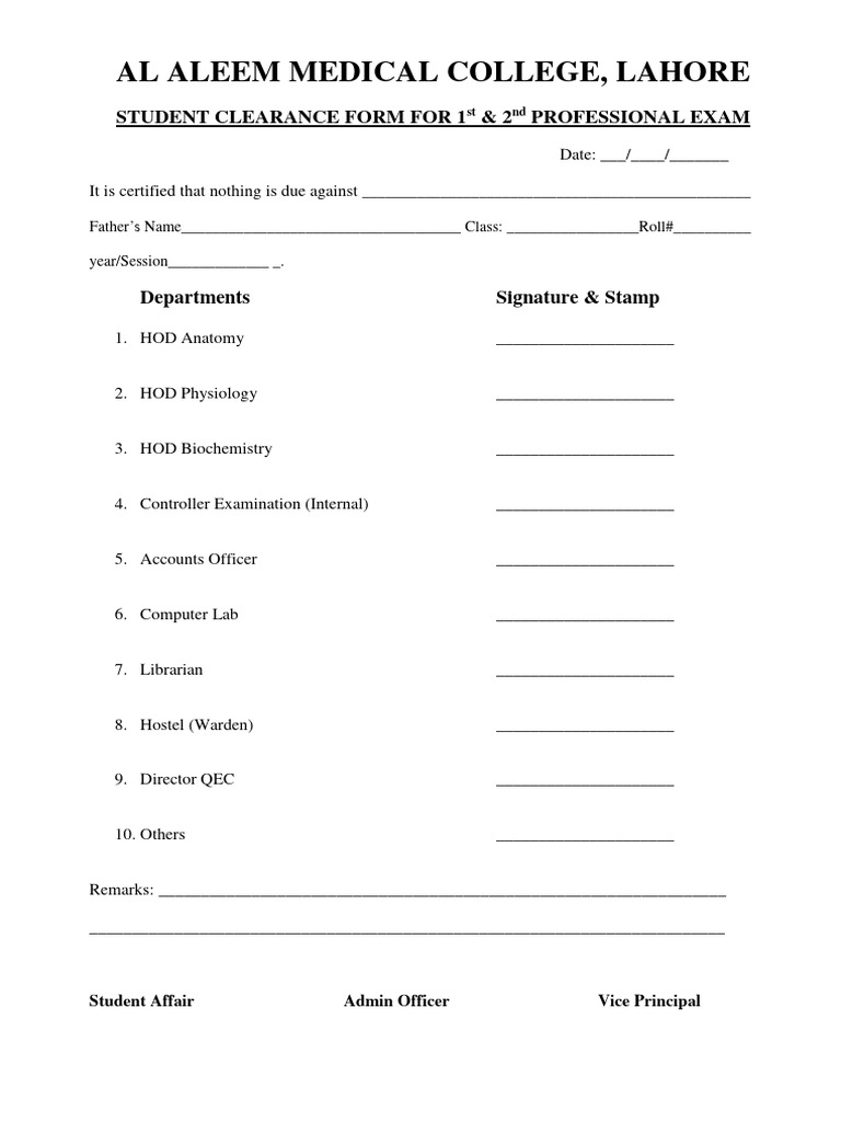 Clearance Form For 1st & 2nd Prof MBBS Exam | PDF