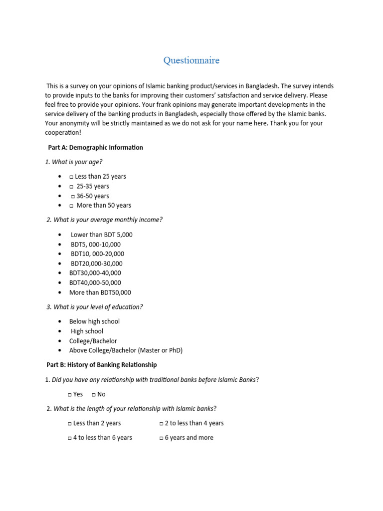 Questionnaire.b2 Final | PDF | Banks | Islamic Banking And Finance