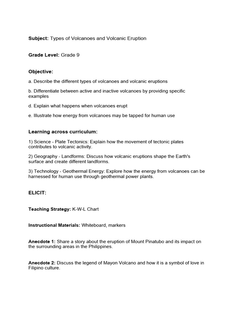 Lesson Plan | PDF | Volcano | Types Of Volcanic Eruptions