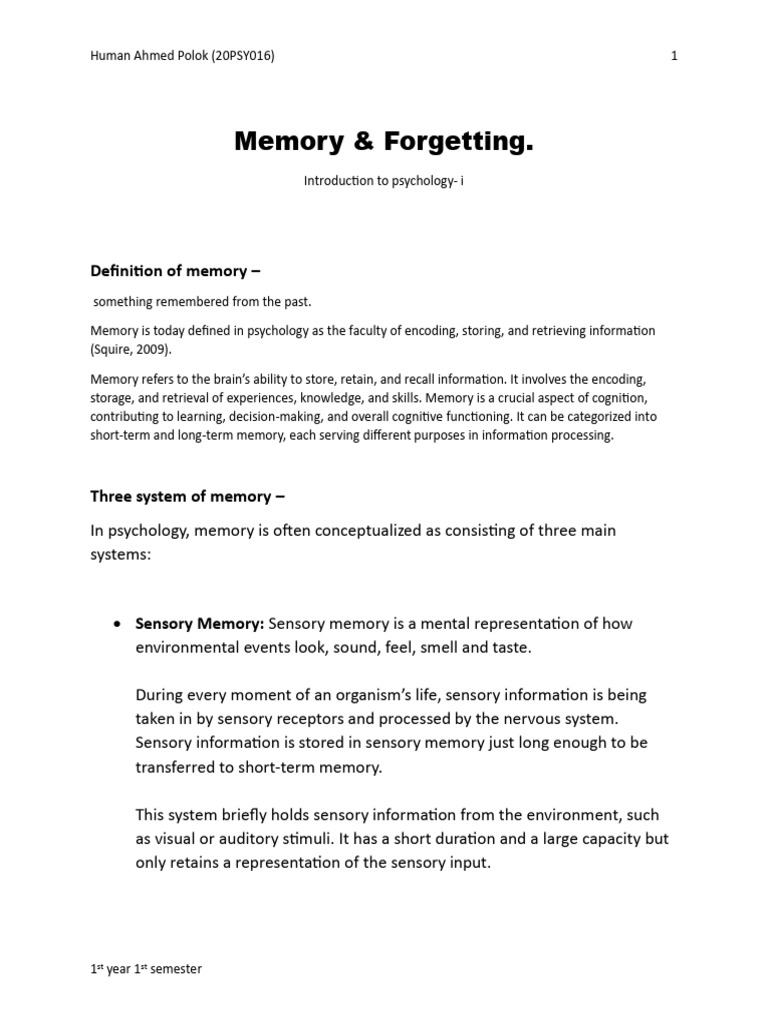 1st Year Defining Memory | PDF | Memory | Long Term Memory