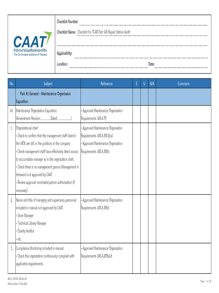 AIR-CL-CER-RSC-540 R.00 - Checklist For TCAR Part 145 Repair Station ... AIR-CL-CER-RSC-540 R.00 - Checklist For TCAR Part 145 Repair Station ...
