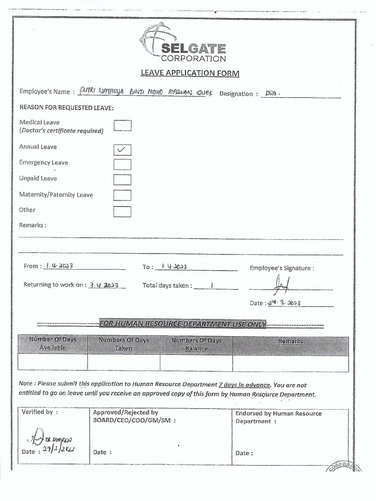 Leave Application 1.4.2023 | PDF