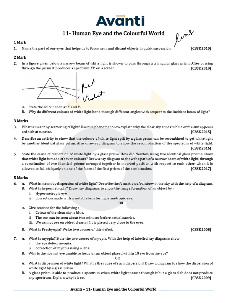 Class 10 Human Eye Question Bank | PDF | Light | Eye
