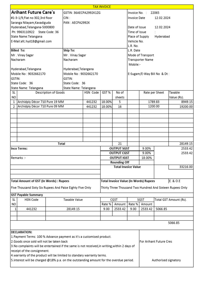 Vinay Sagar Bill | PDF | Invoice | Economies