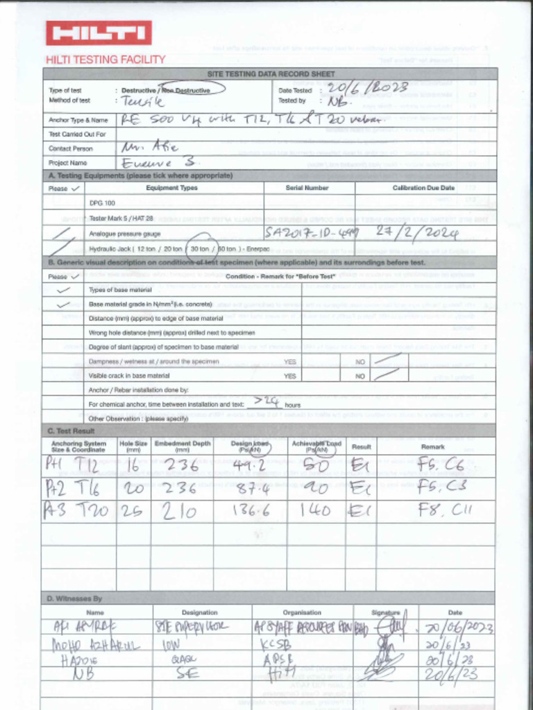 HILTI - Pull Out Test Rebar A1 (1,3) | PDF