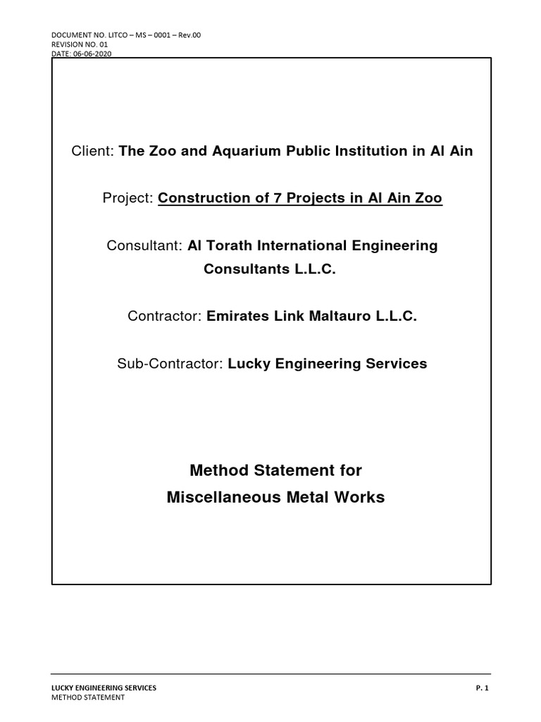 Method Statement For Miscellaneous Metal Works | PDF | Welding | Construction